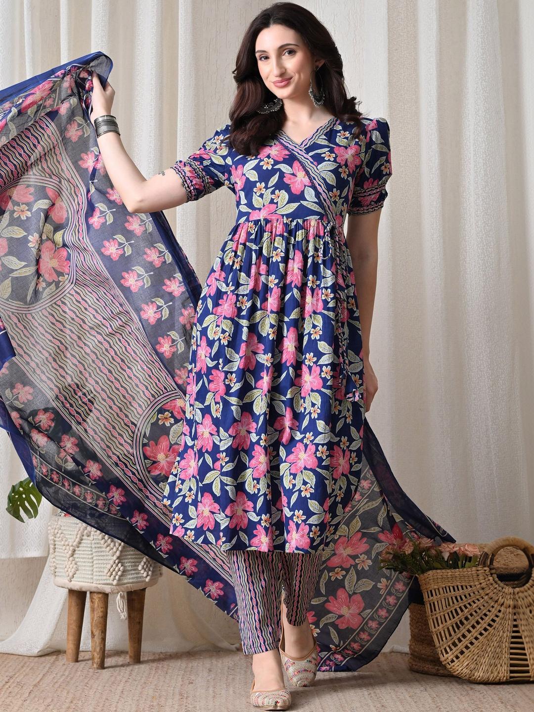 Buy NUNCHII Women Floral Printed Angrakha Pure Cotton Kurta With ...