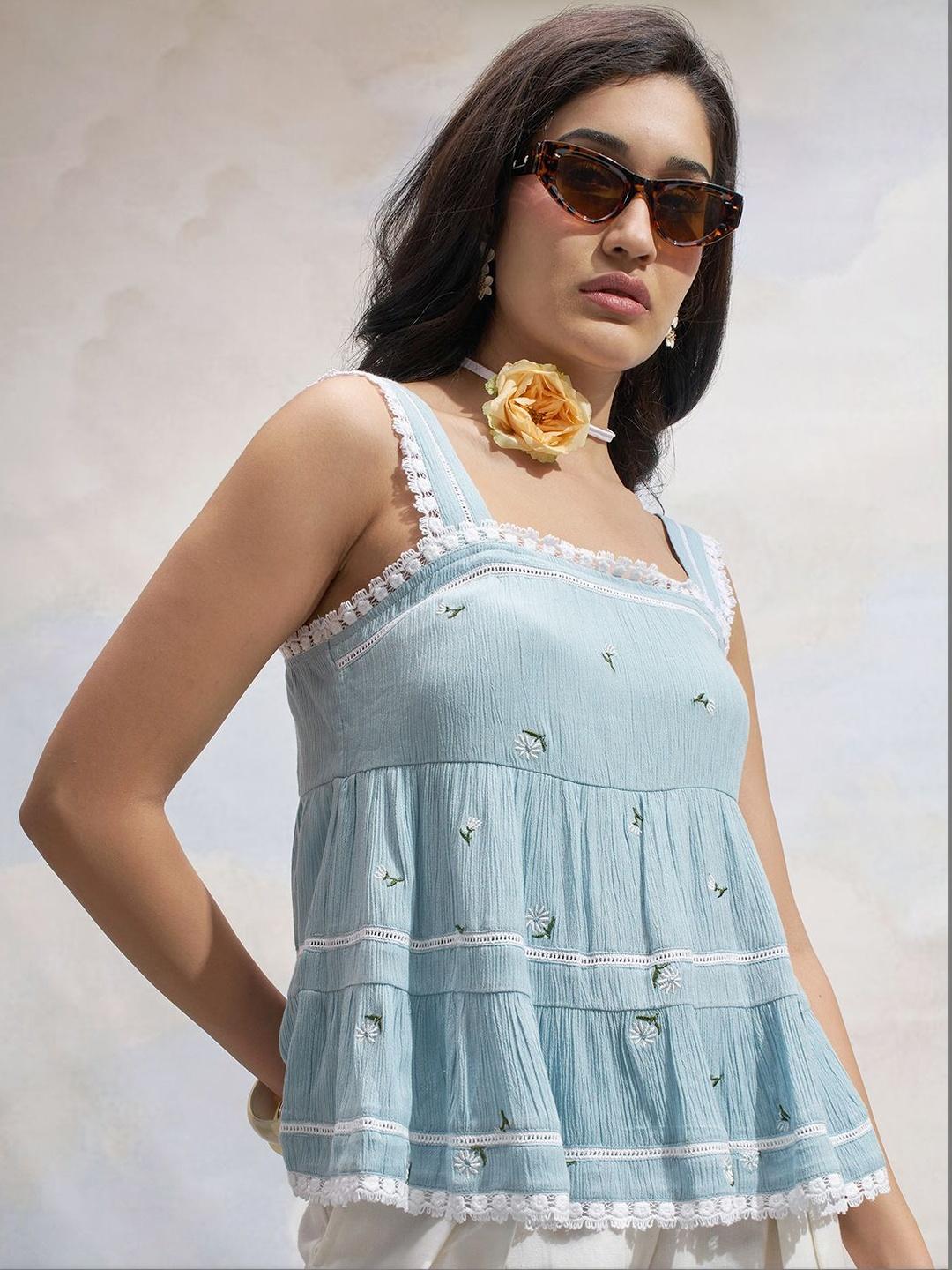 Buy Vara By Vishudh Floral Embroidered Ruffles Top - Tops for Women ...