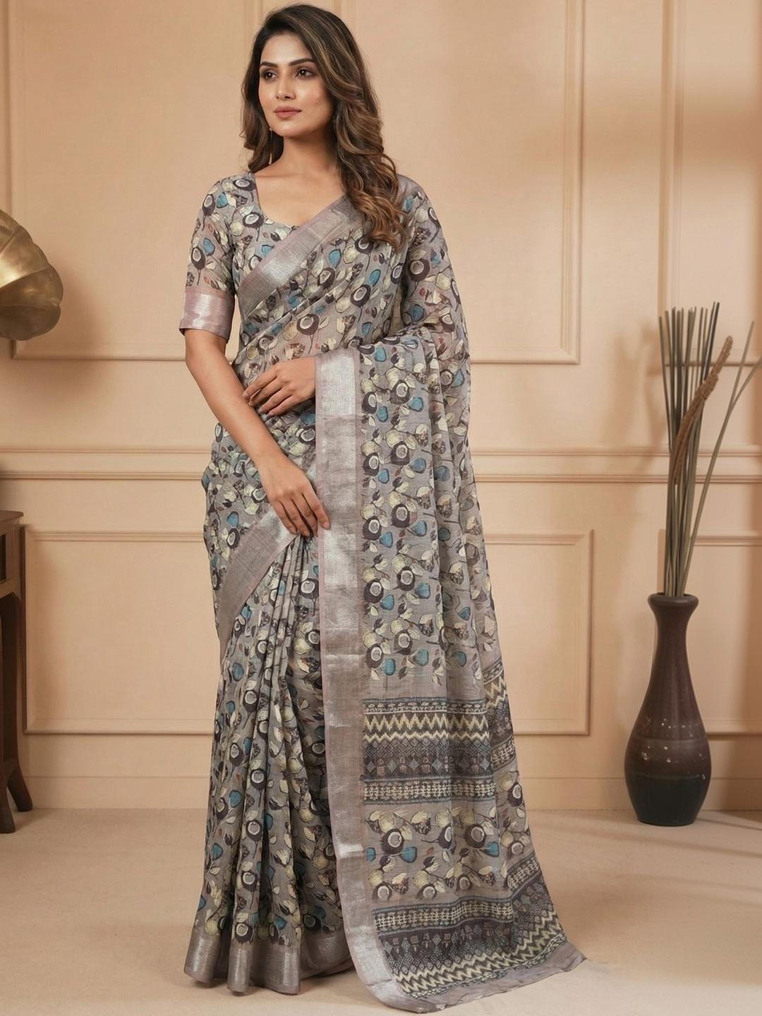Buy TIGER SNAKE Floral Linen Blend Khadi Saree - Sarees for Women ...