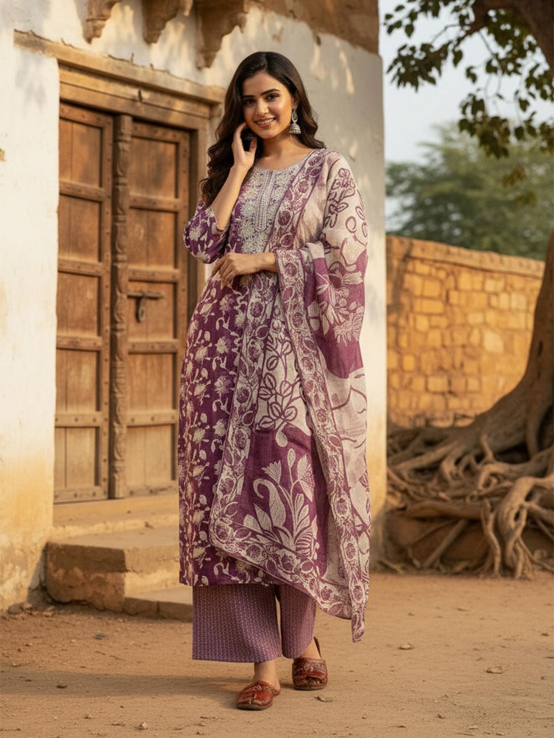 Buy Anouk Women Floral Printed Regular Thread Work Pure Cotton Kurta ...