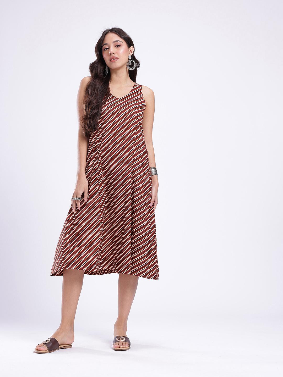 Buy Fusion By Glitchez Striped V Neck A Line Midi Dress - Dresses for ...