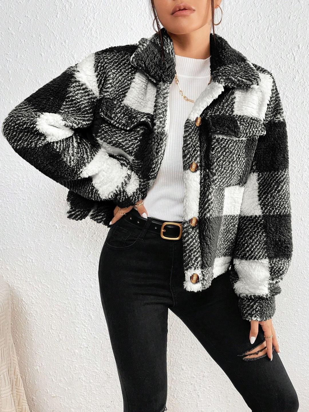 Buy Stylecast X Slyck Women Checked Button Front Sherpa Jacket ...
