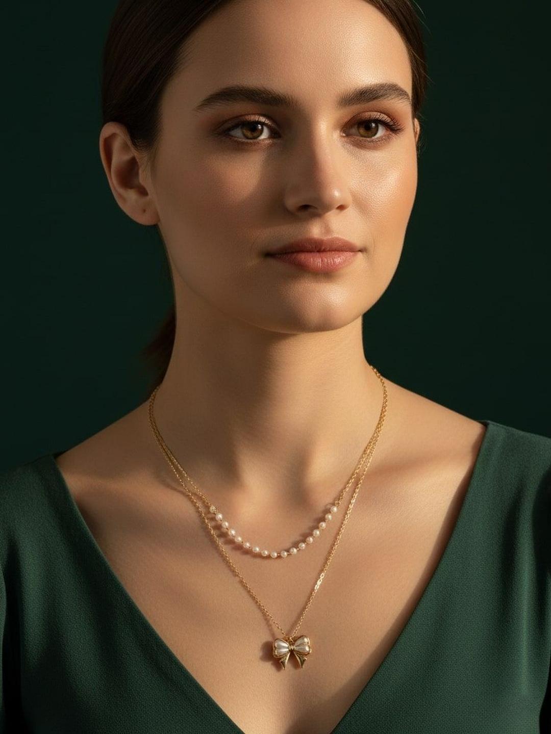 Buy DURATI Gold Plated Bow Shaped Pandent With Two Layered Chain ...