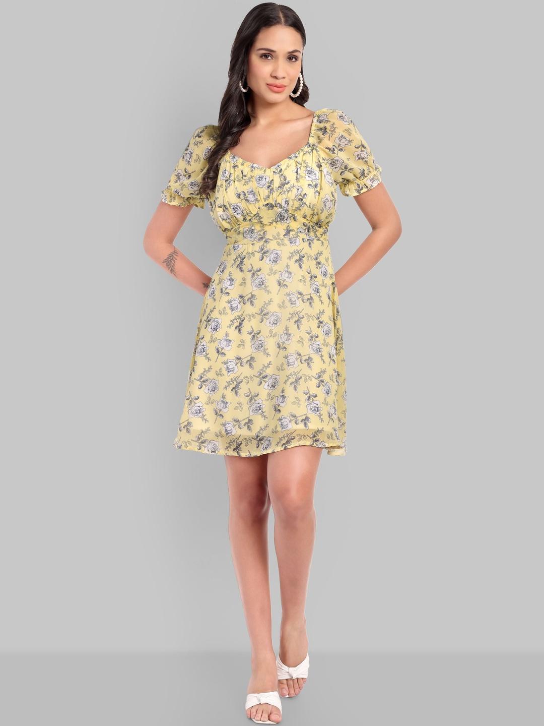 Buy Slenor Floral Print Puff Sleeve Georgette Fit & Flare Dress ...