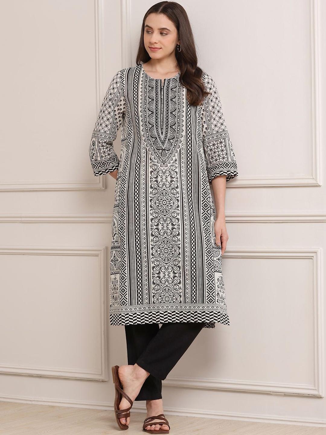 Buy Biba Women Ethnic Motifs Printed Mirror Work Kurta - Kurtas for ...