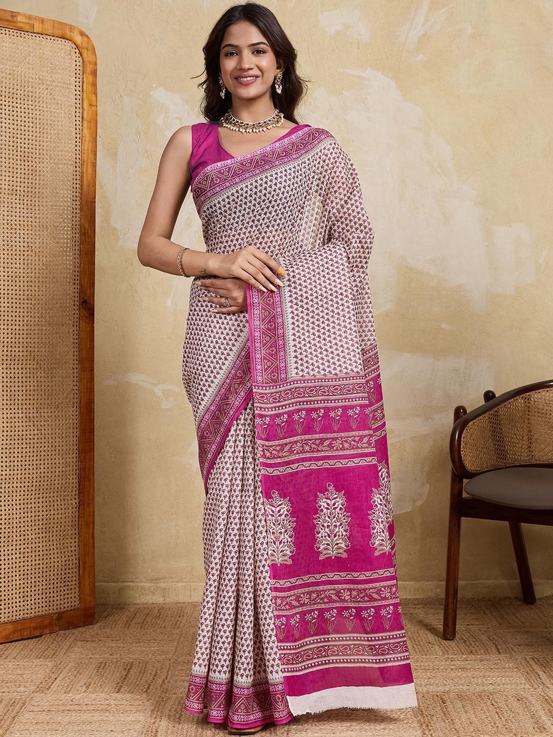 Buy SHANVIKA Ethnic Motifs Pure Cotton Saree - Sarees for Women ...