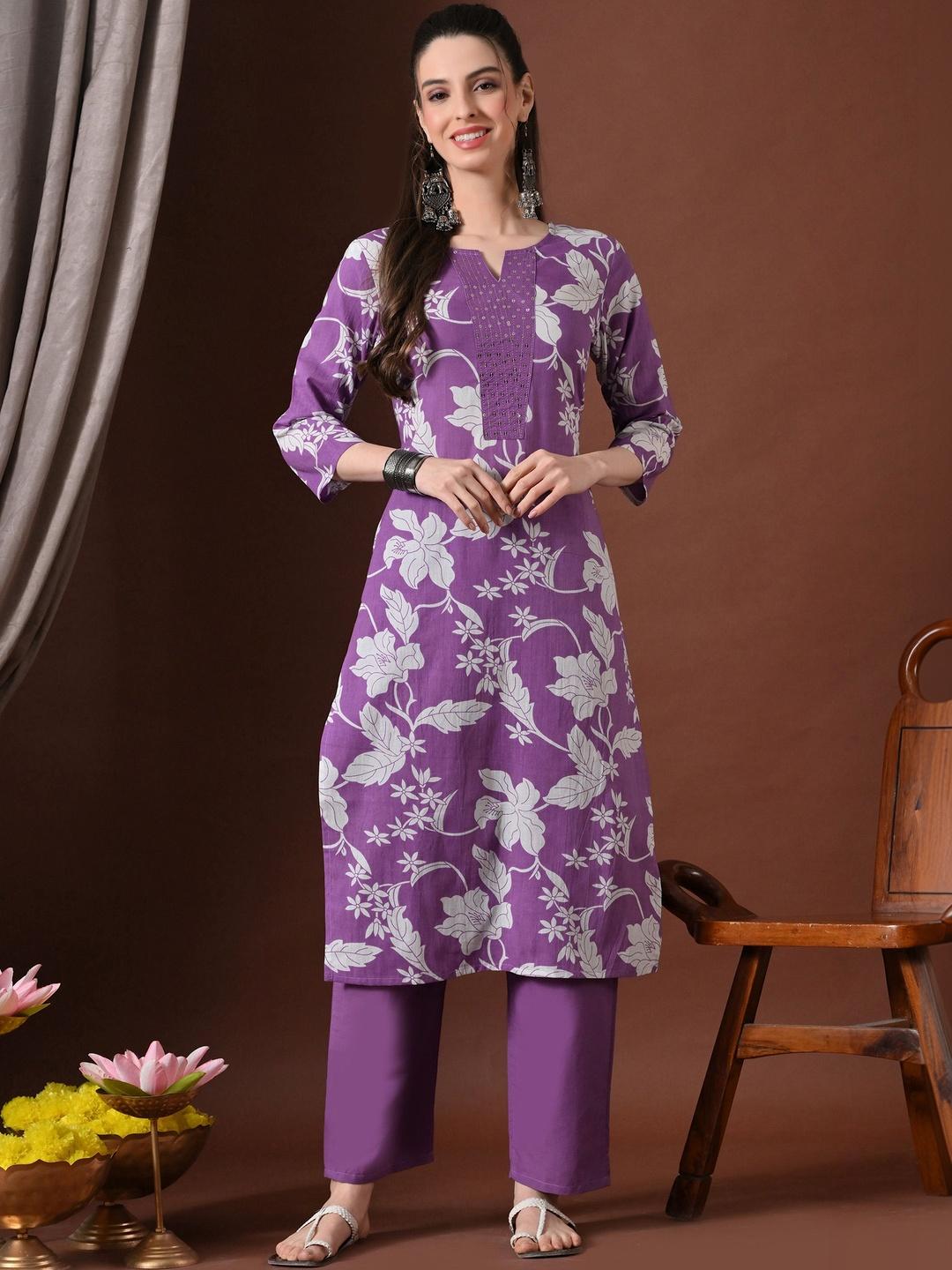 Buy KJFAB Women Floral Printed Regular Sequinned Pure Cotton Kurta With ...