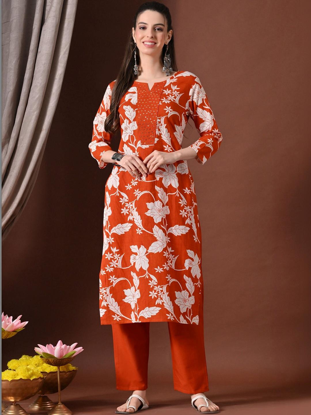 Buy KJFAB Women Floral Printed Regular Sequinned Pure Cotton Kurta With ...