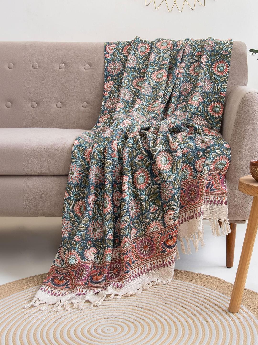 Buy DMAASA Brown & Green Hand Block Printed Cotton 3 Seater Sofa Throw ...