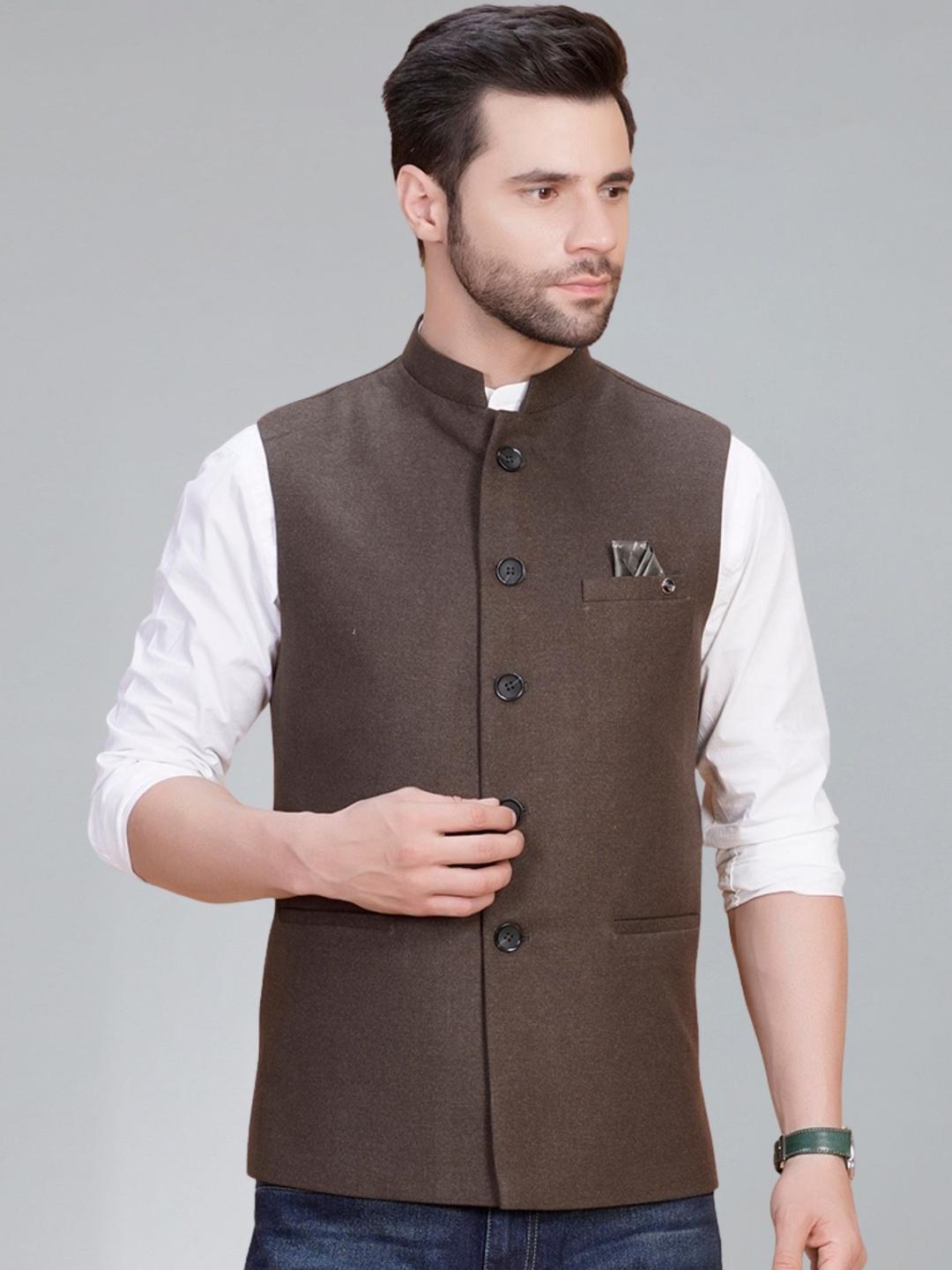 Buy Abhimaan Stand Collar Formal Woven Nehru Jacket - Nehru Jackets for ...