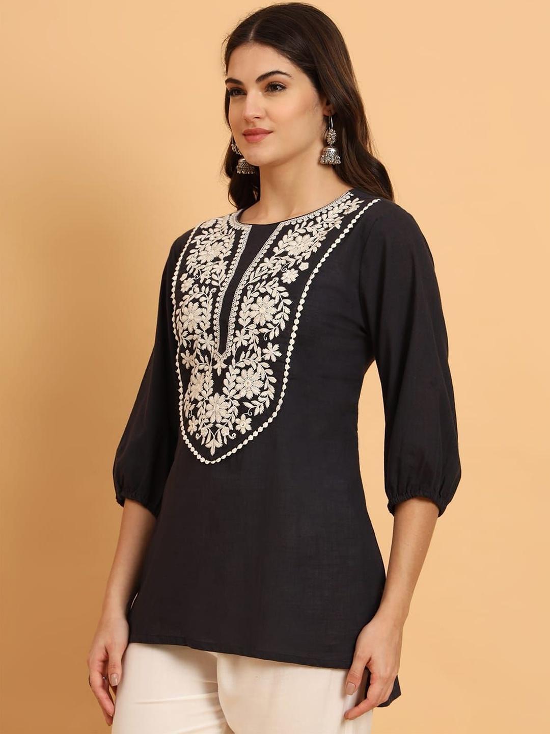 Buy PCH Floral Embroidered Thread Work Pure Cotton Thread Work Kurti ...
