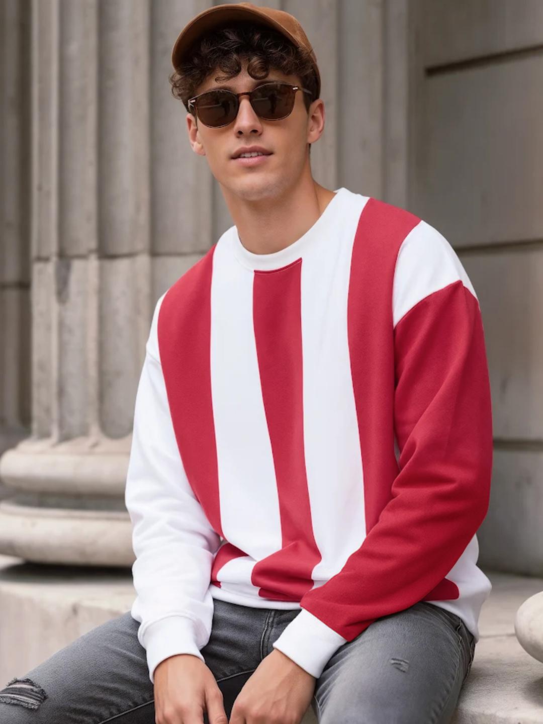 Buy Bewakoof Men Bright White & Red Color Block Oversized Sweatshirt ...