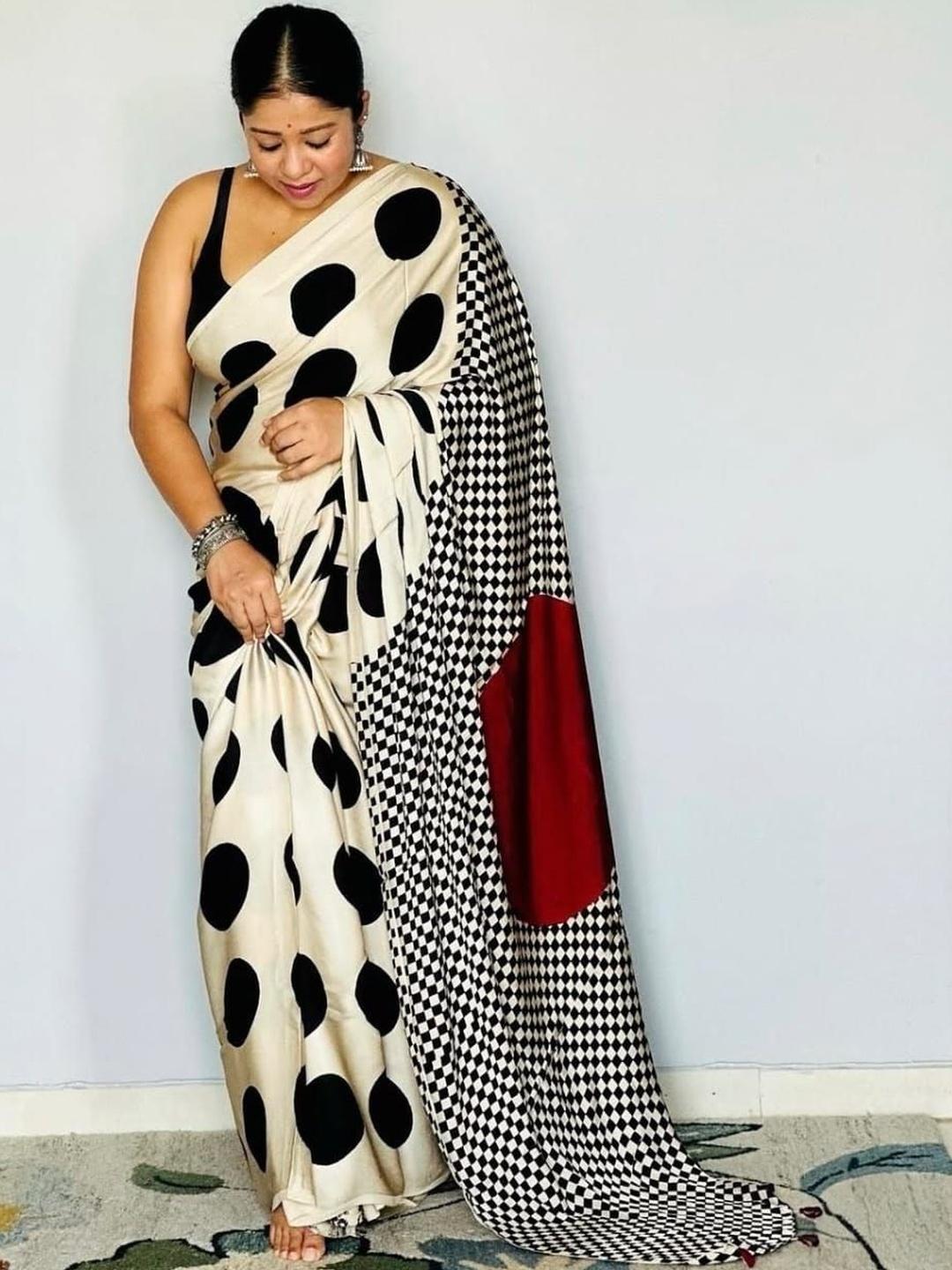 Buy KALINI Polka Dot Satin Designer Block Print Saree - Sarees for ...