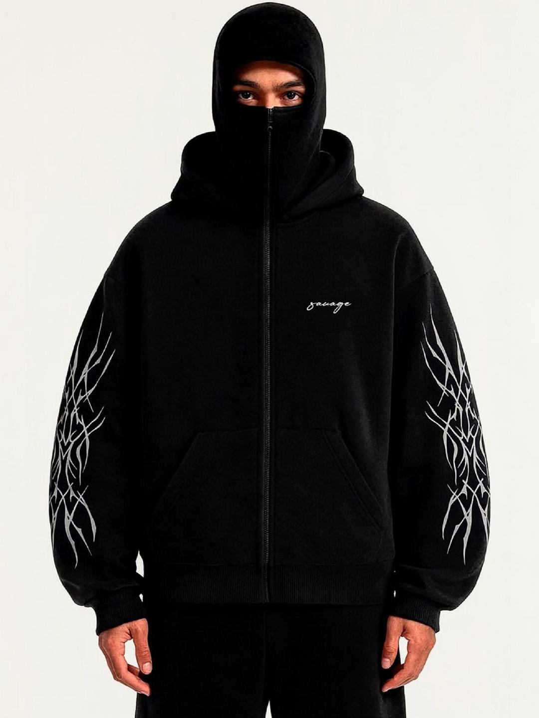 Buy Be Savage Men Balaclava Zipper Face Hooded Ninja Print Sweatshirt ...