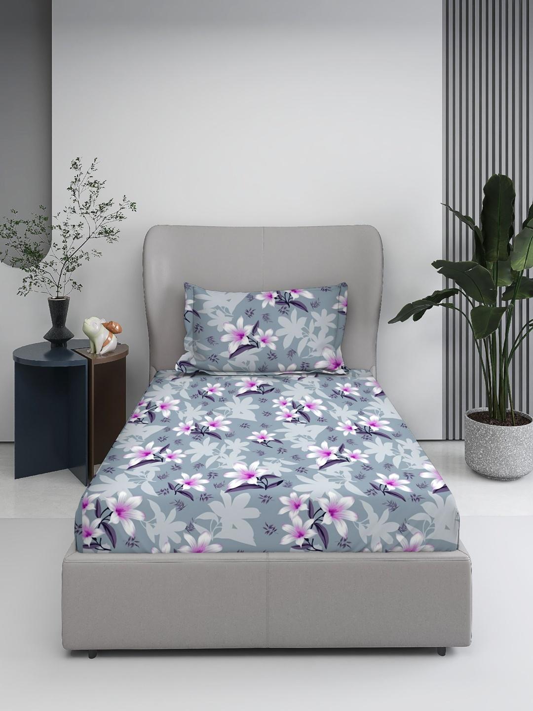Buy BOMBAY DYEING Grey Floral 144 TC Single Bedsheet With 1 Pillow ...