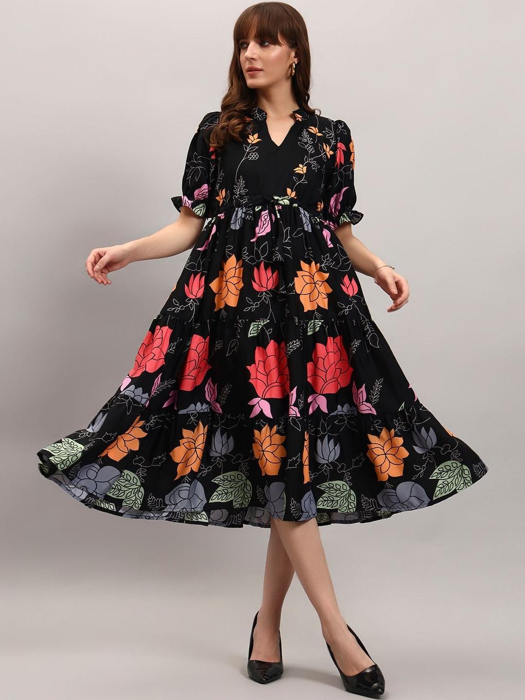 Buy Raiyani Fashion Designer Printed V Neck Tiered Long Dress Flared ...