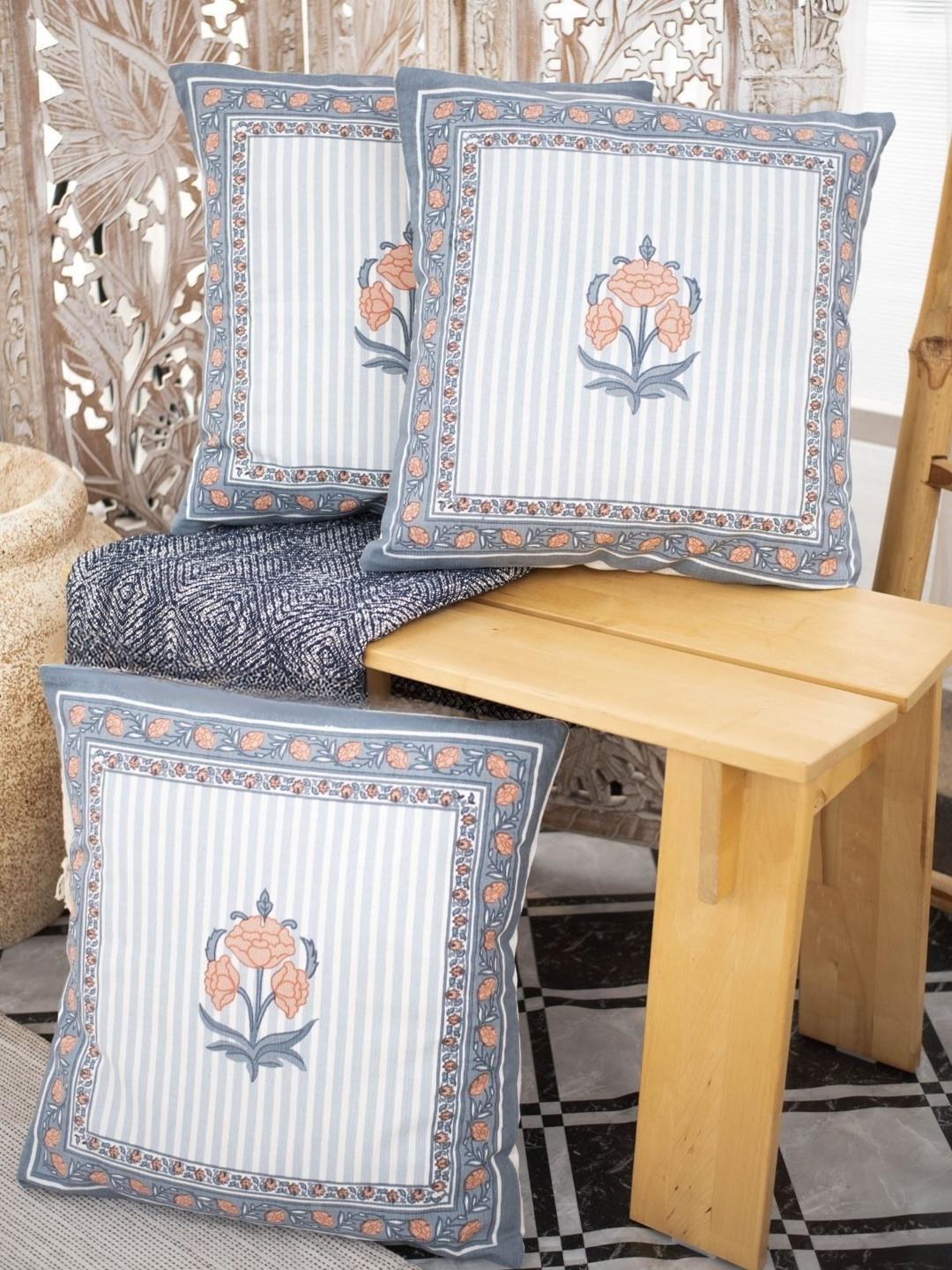 Buy Peepul Tree Blue & White Set Of 3 Floral Square Cushion Covers ...