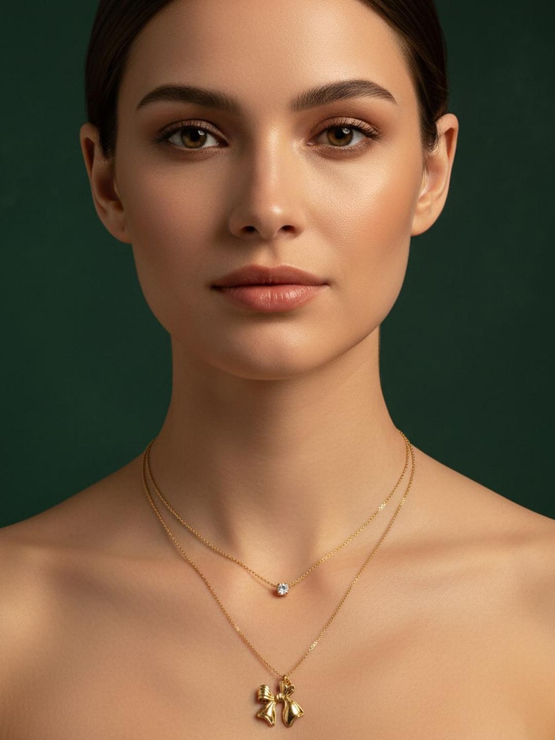 Buy DURATI Gold Plated Bow Shaped Pandent With Two Layered Chain ...