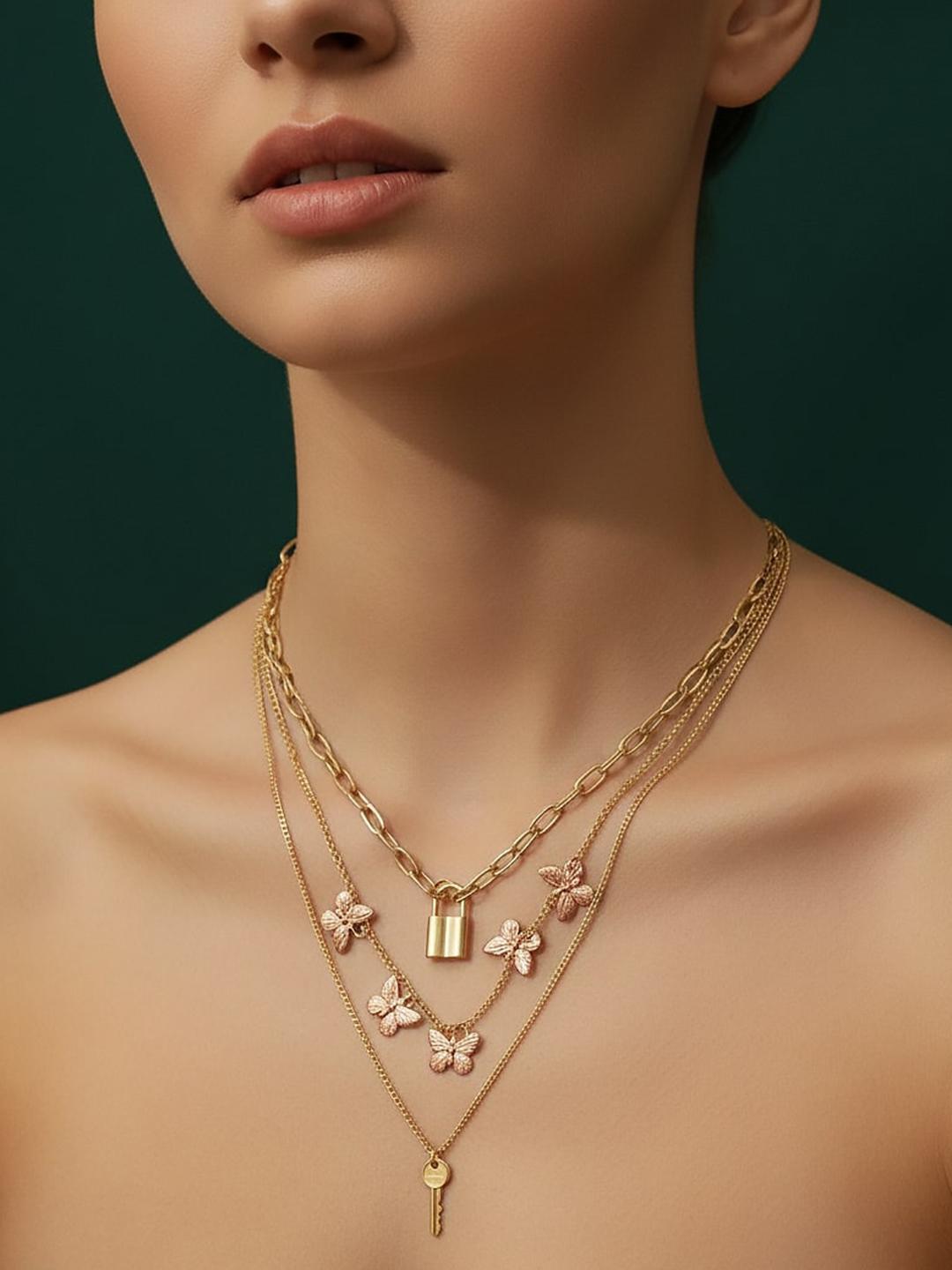 Buy DURATI Gold Plated Key & Lock Three Layered Chain - Necklace And ...