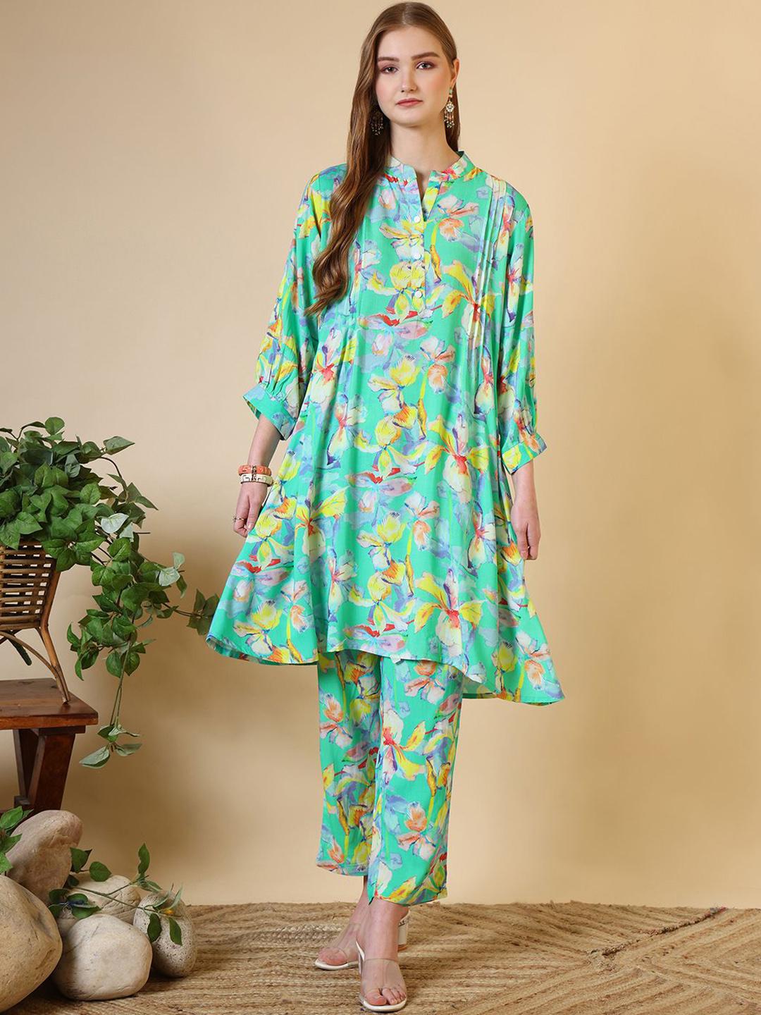 Buy Anouk Green Floral Printed Mandarin Collar Tunic With Trousers - Co ...