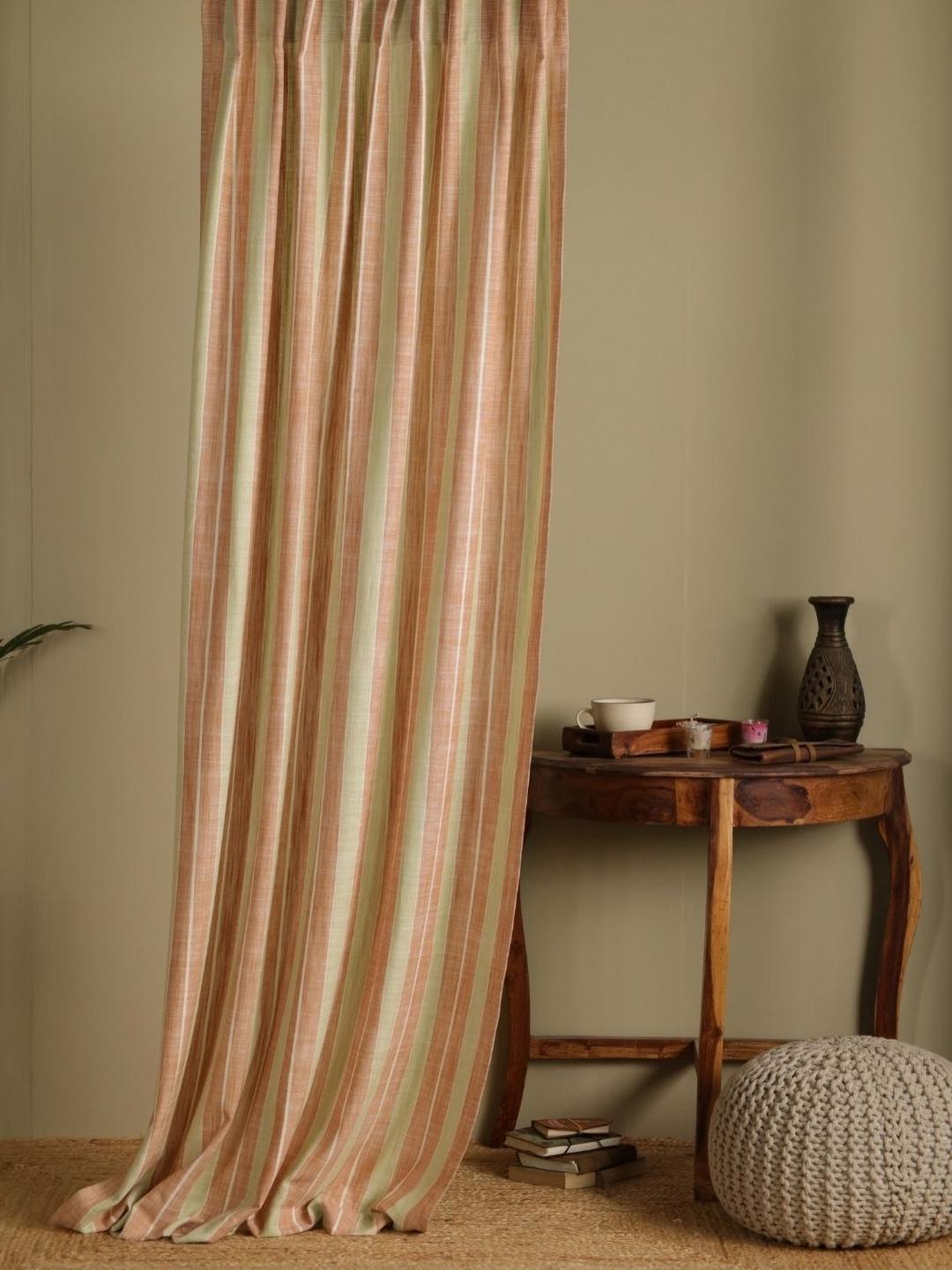 Buy Peepul Tree Rust Cotton Striped Sheer Door Curtain 7ft - Curtains ...