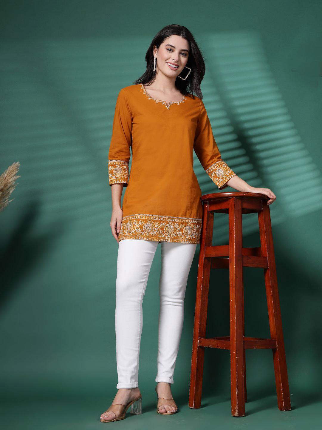 Buy Sangria Women Thread Work Detail Cotton Straight Short Kurti ...