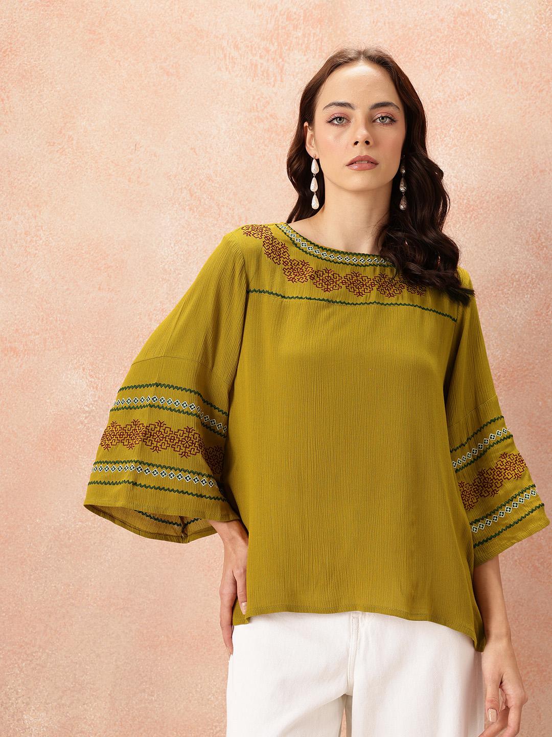 Buy All About You Embroidered Flared Sleeve Crinkle Top - Tops for ...