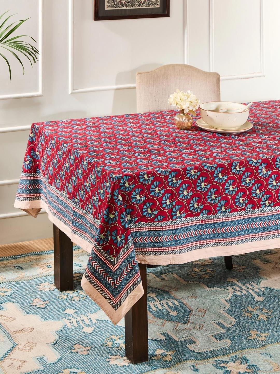 Buy Fabindia Red & Blue Floral Printed Cotton 8 Seater Rectangle Table ...