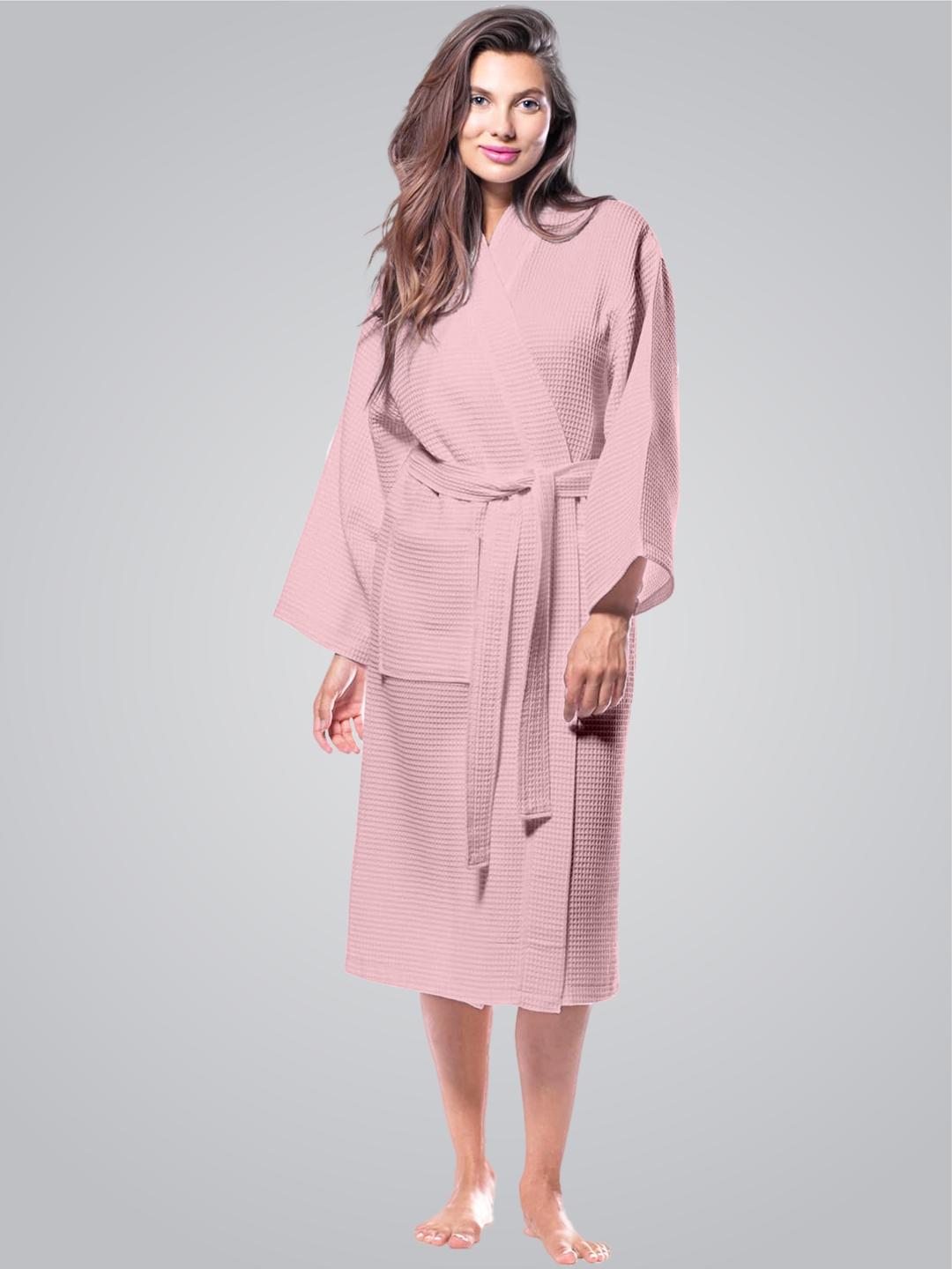 Buy Enchant Home Pink Self Design Cotton Drawstring Midi Bath Robe ...
