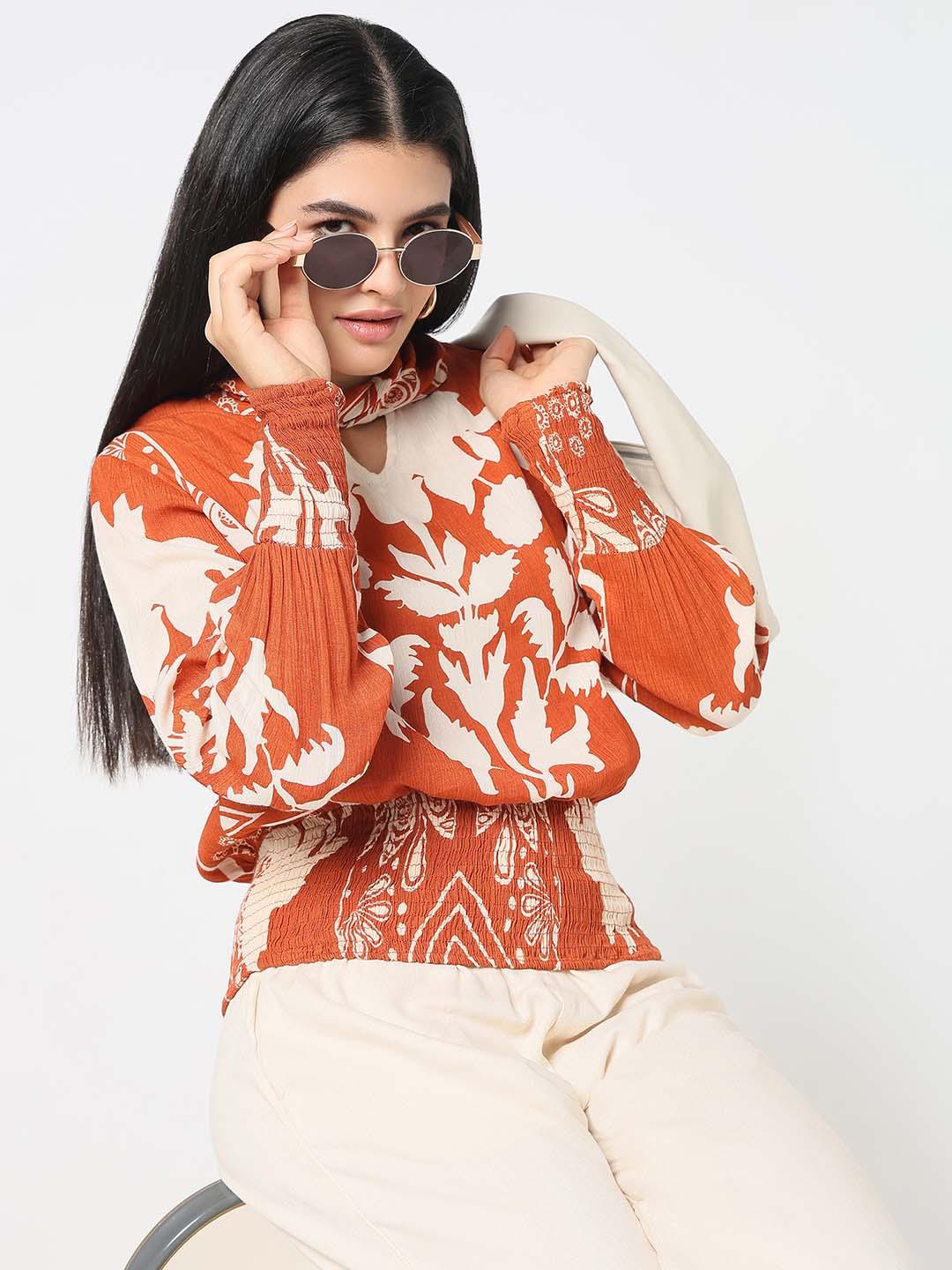 Buy R&B Print Mandarin Collar Crepe Styled Back Top - Tops for Women ...