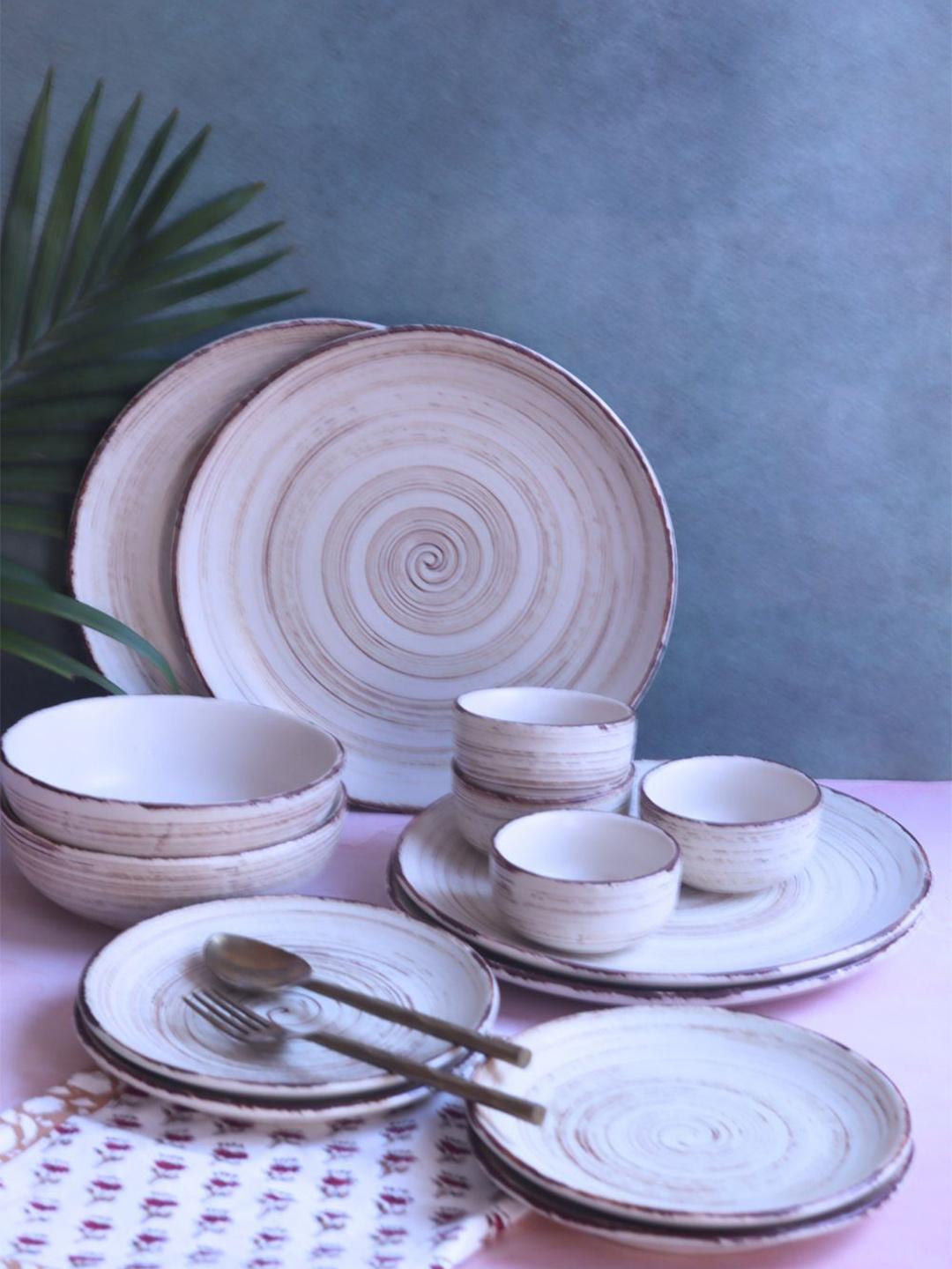 Buy WEAVING HOMES Brown & White 14 Pieces Printed Ceramic Matte Dinner ...