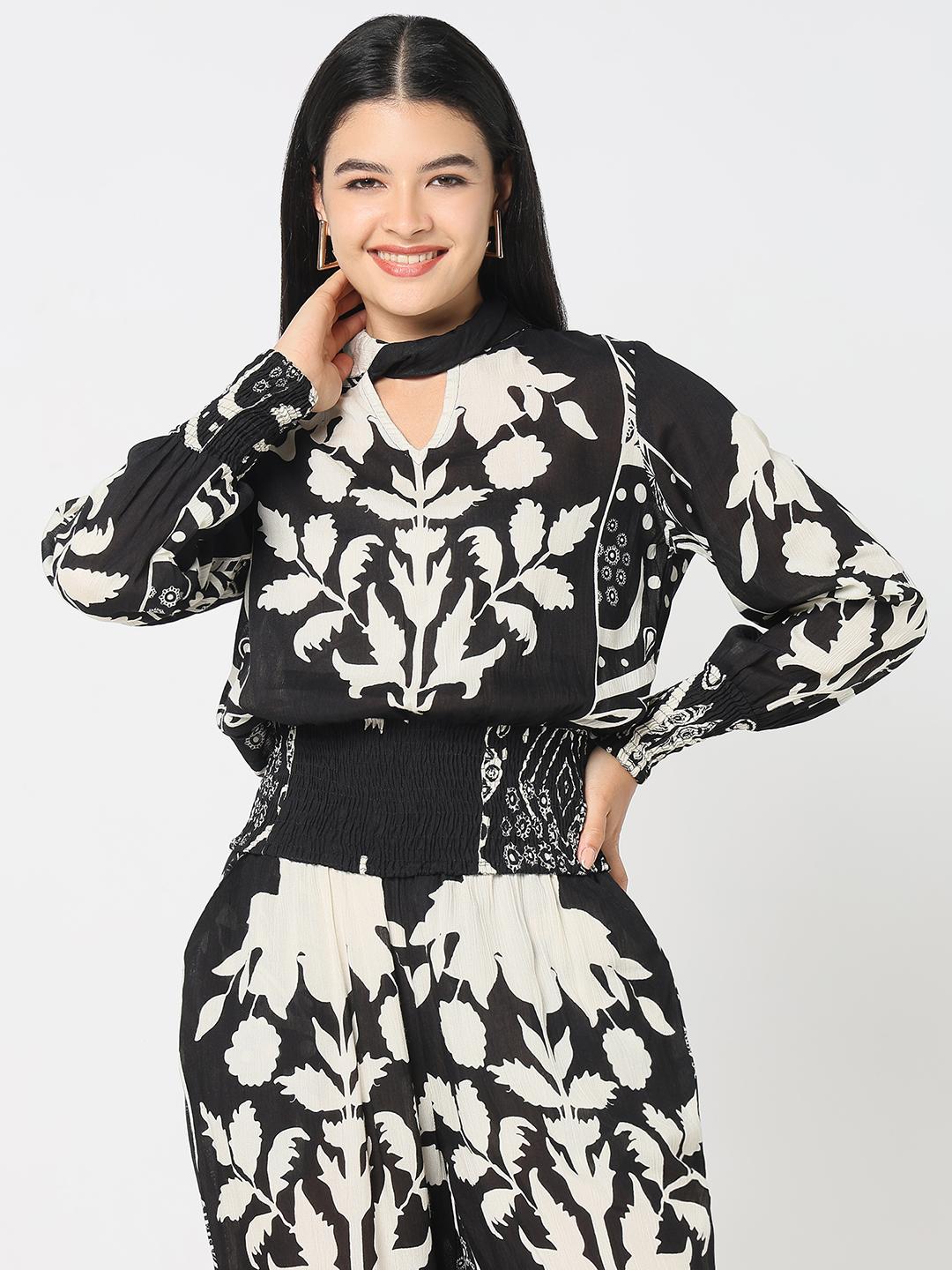 Buy R&B Print Mandarin Collar Crepe Blouson Top - Tops for Women ...