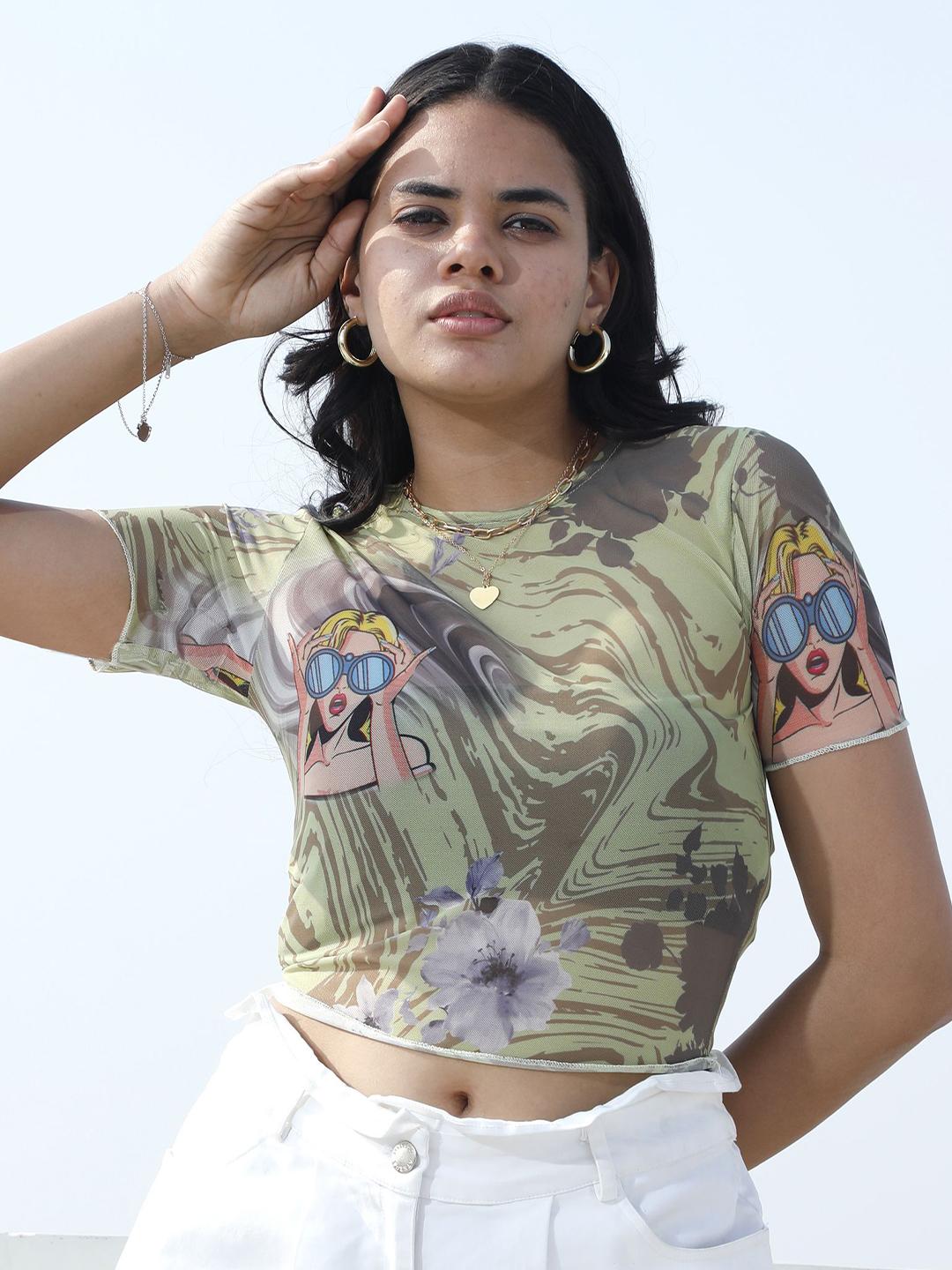 Buy Athena Unapologetic Print Sheen Sheer Net Crop Top - Tops for Women ...