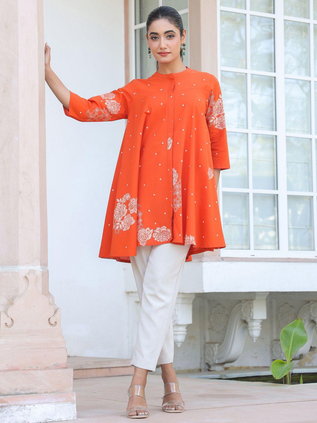 Buy Janasya Women's Orange Pure Cotton Floral Printed Flared Tunic ...