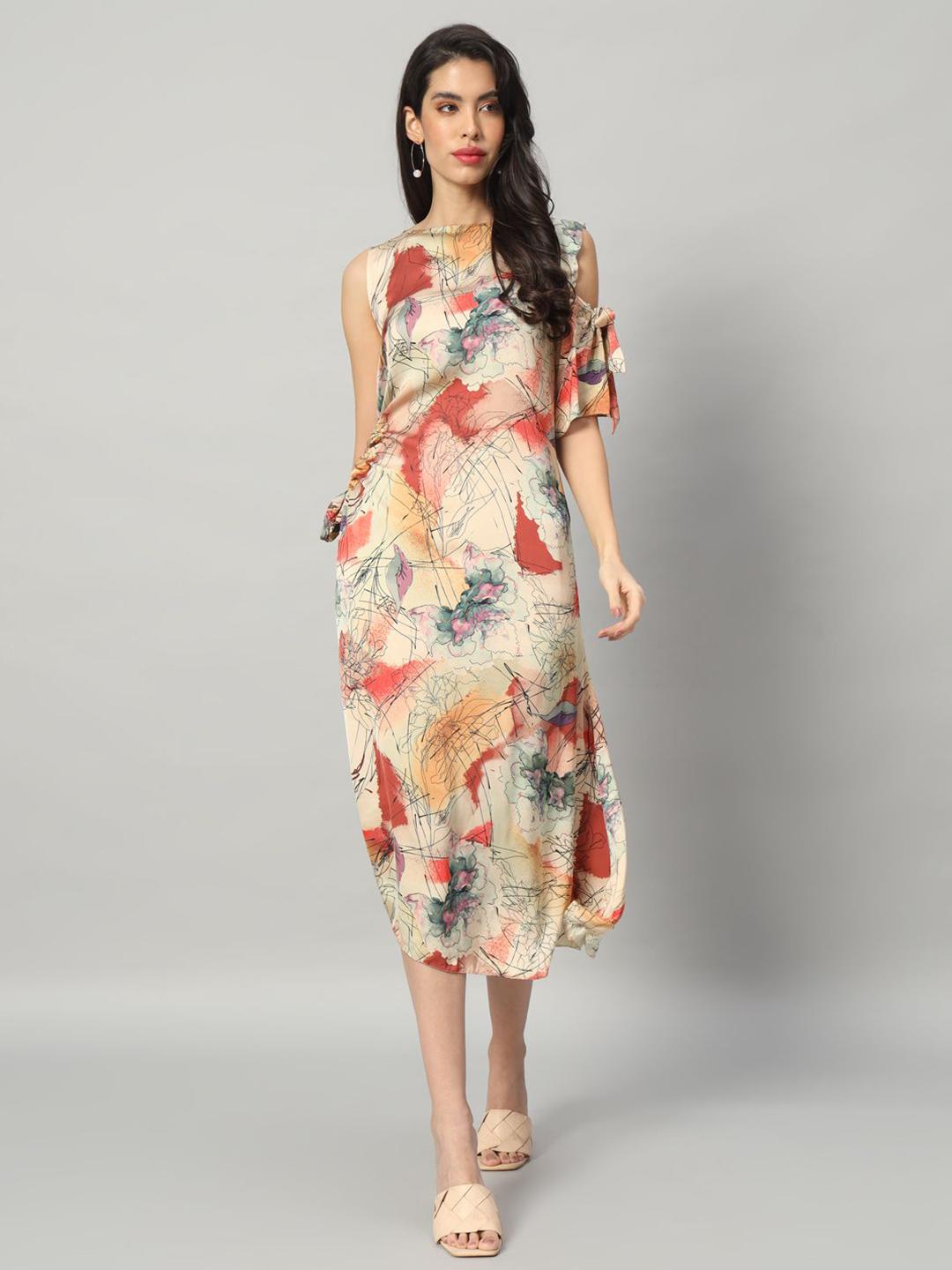 Buy BRIJAL LAD Printed Cold Shoulder Satin A Line Midi Dress - Dresses ...