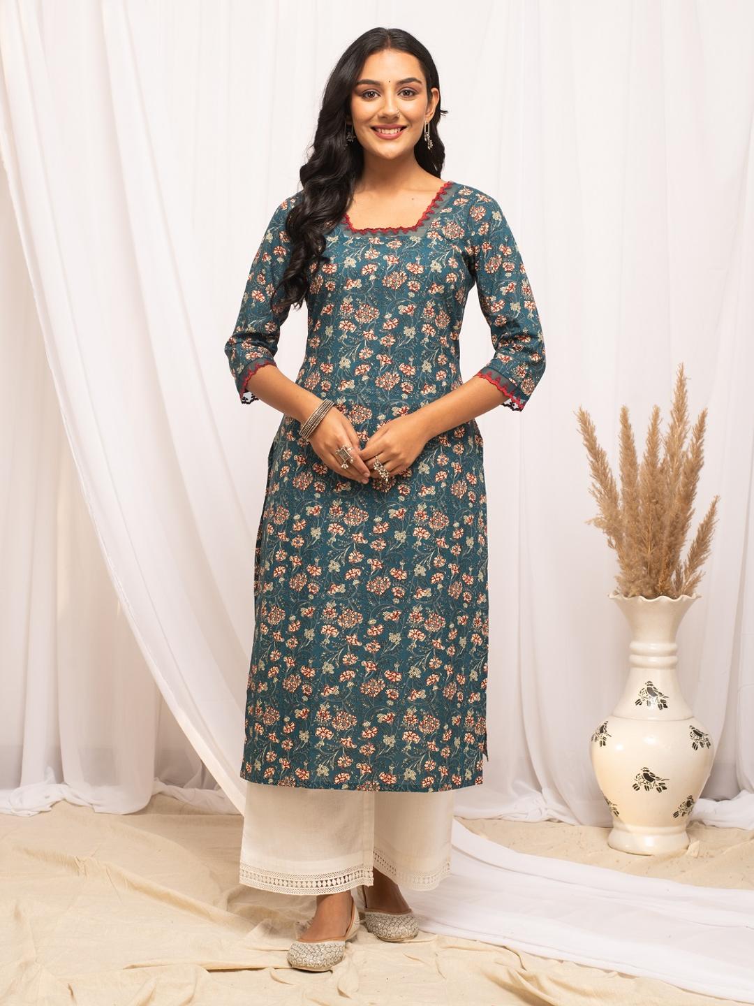 Buy FIORRA Floral Printed Square Neck Pure Cotton Straight Kurta ...