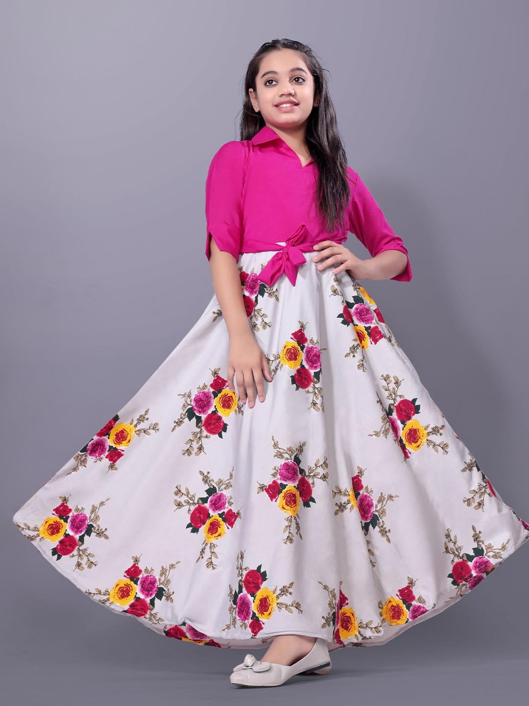 Buy Aarya Designer Floral Print Layered Crepe Fit & Flare Shirt Collar ...