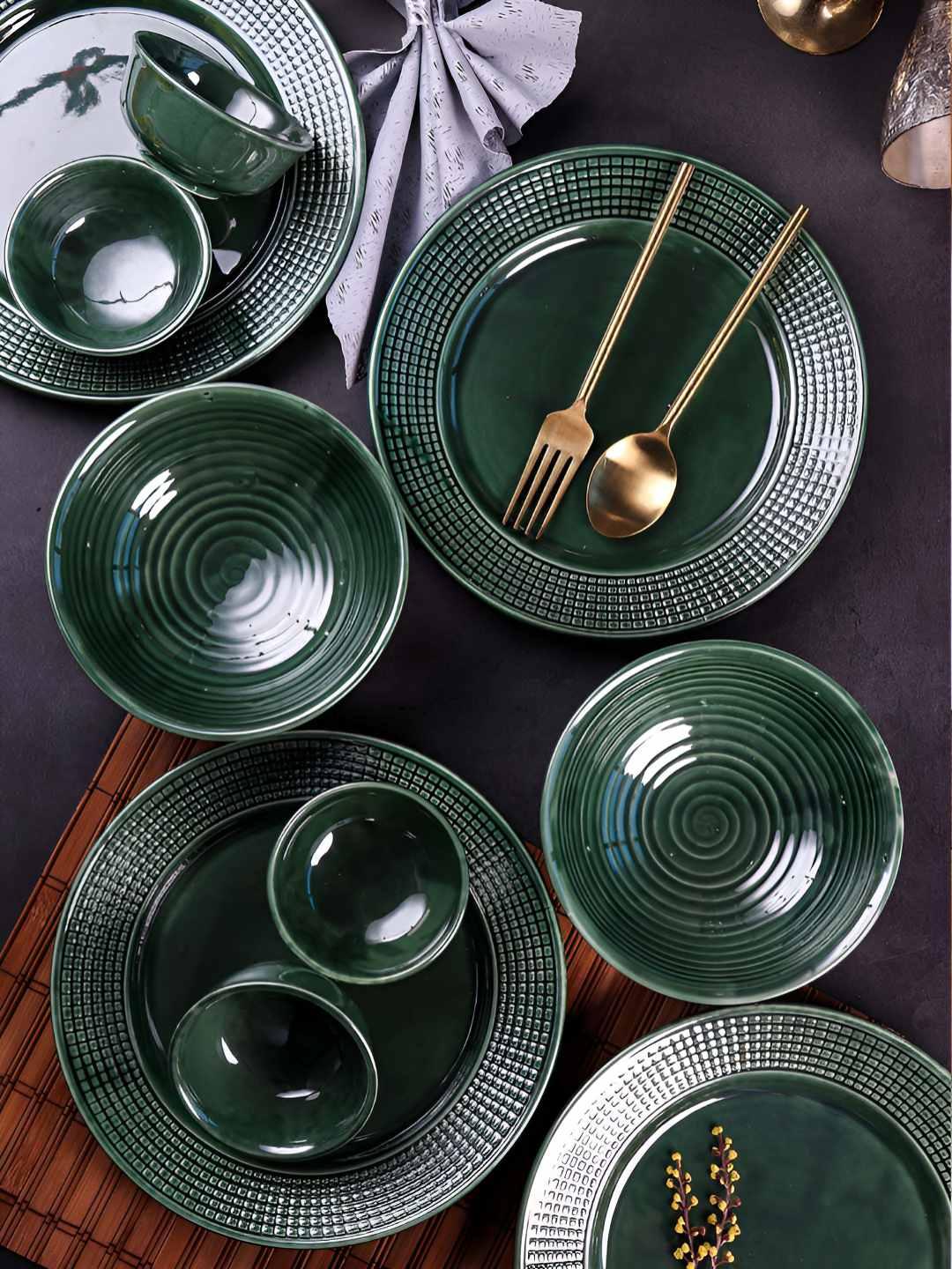Buy Myntra Elegant Homes Green 14 Pieces Ceramic Glossy Dinner Set ...