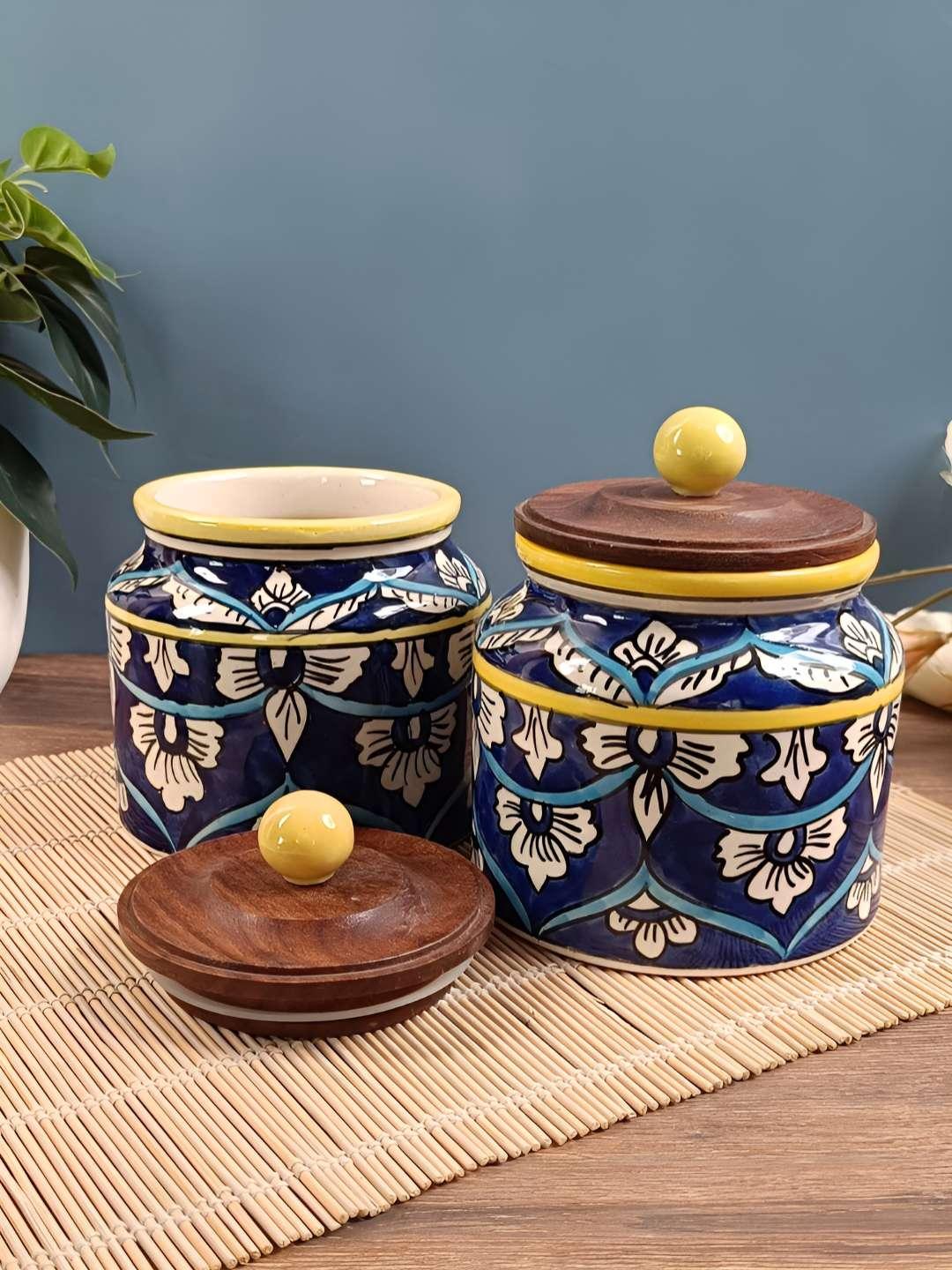 Buy Myntra Elegant Homes Blue Floral Ceramic 2 Piece Clip On Canister ...