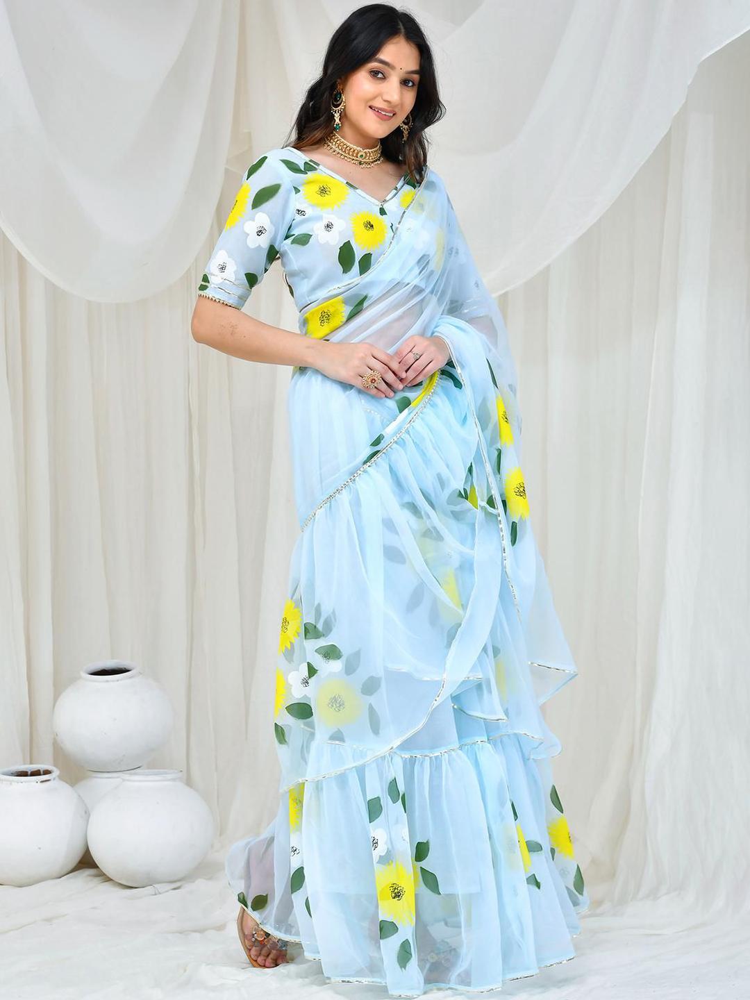 Buy Bannhi By Priyanka Rathore Floral Printed Ruffles Saree - Sarees ...