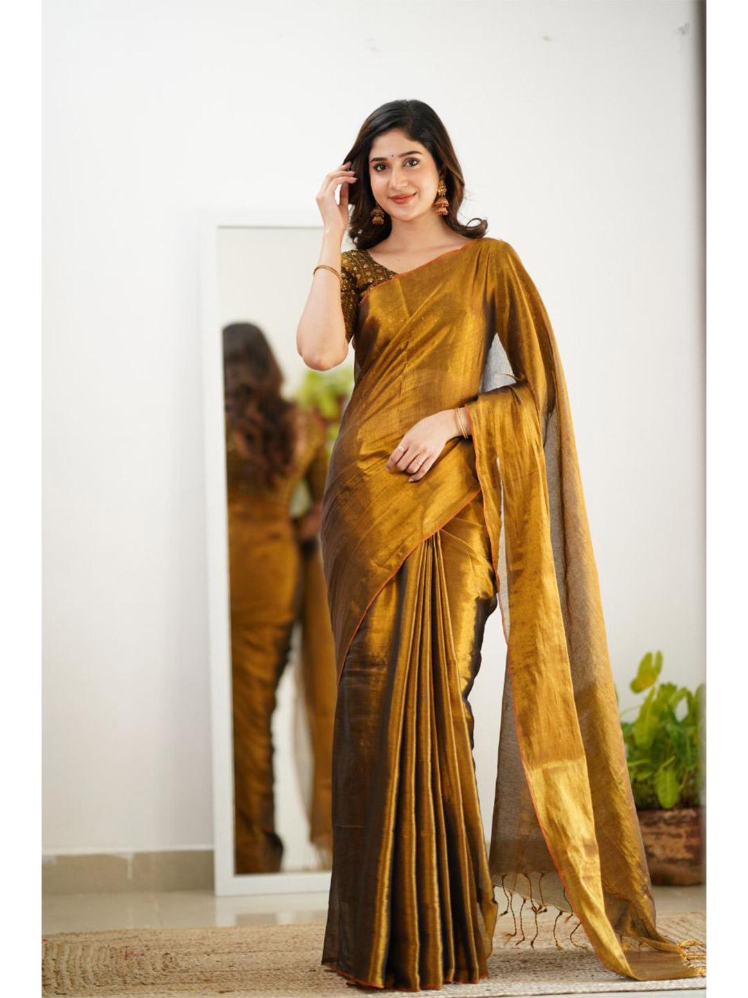 Buy Sutisancha Metallic Gold Handloom Tissue Saree With Designer Blouse ...