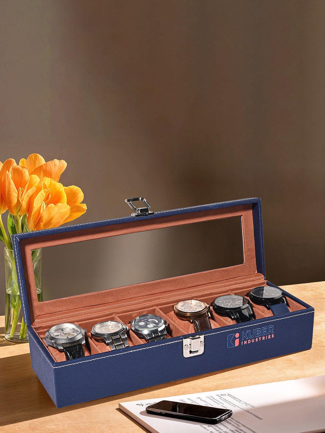 Buy Kuber Industries Navy Blue & Brown 6 Slot Premium Faux Leather ...