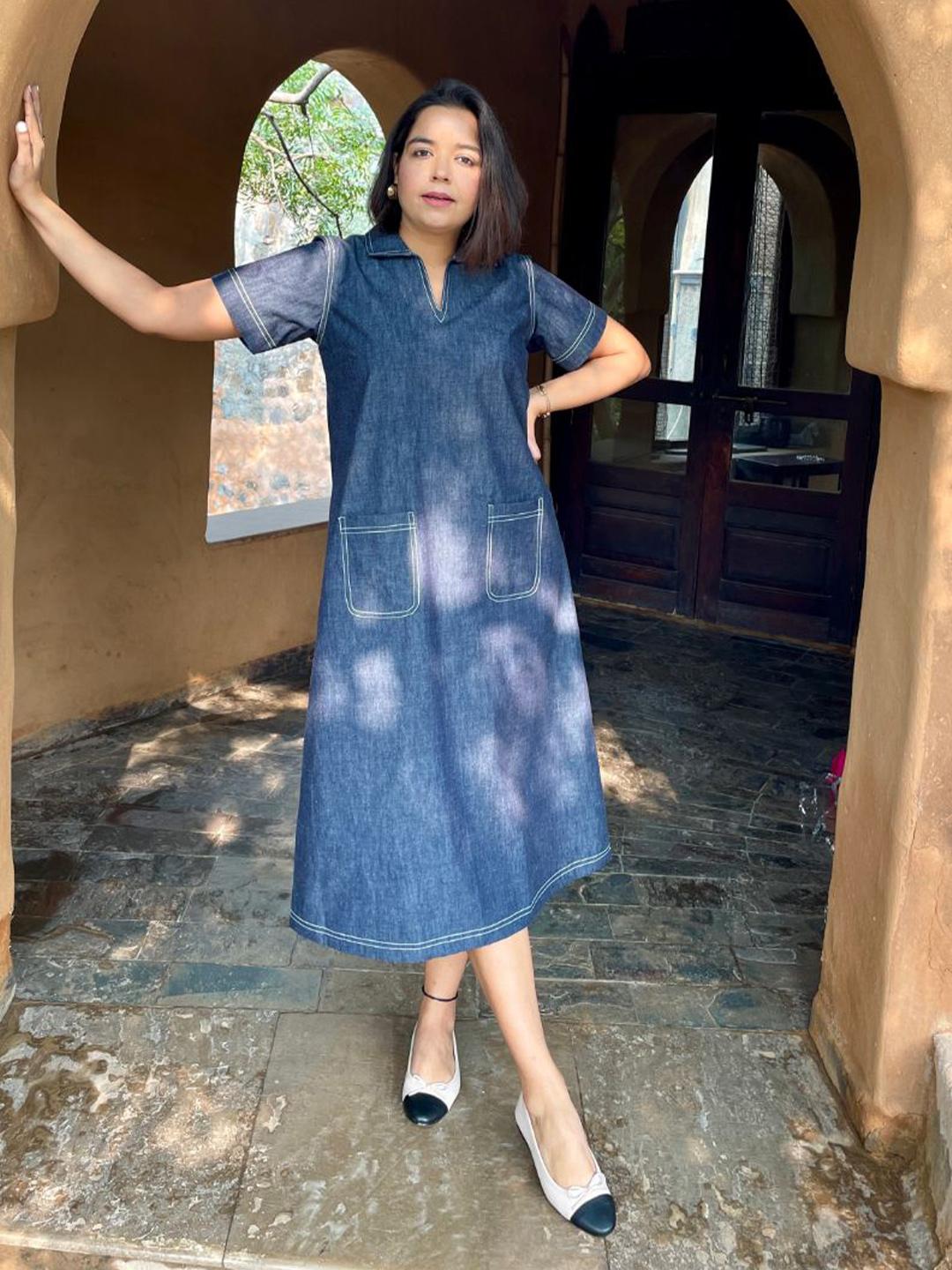 Buy Label Tanvee Women Denim A Line Midi Dress - Dresses for Women ...