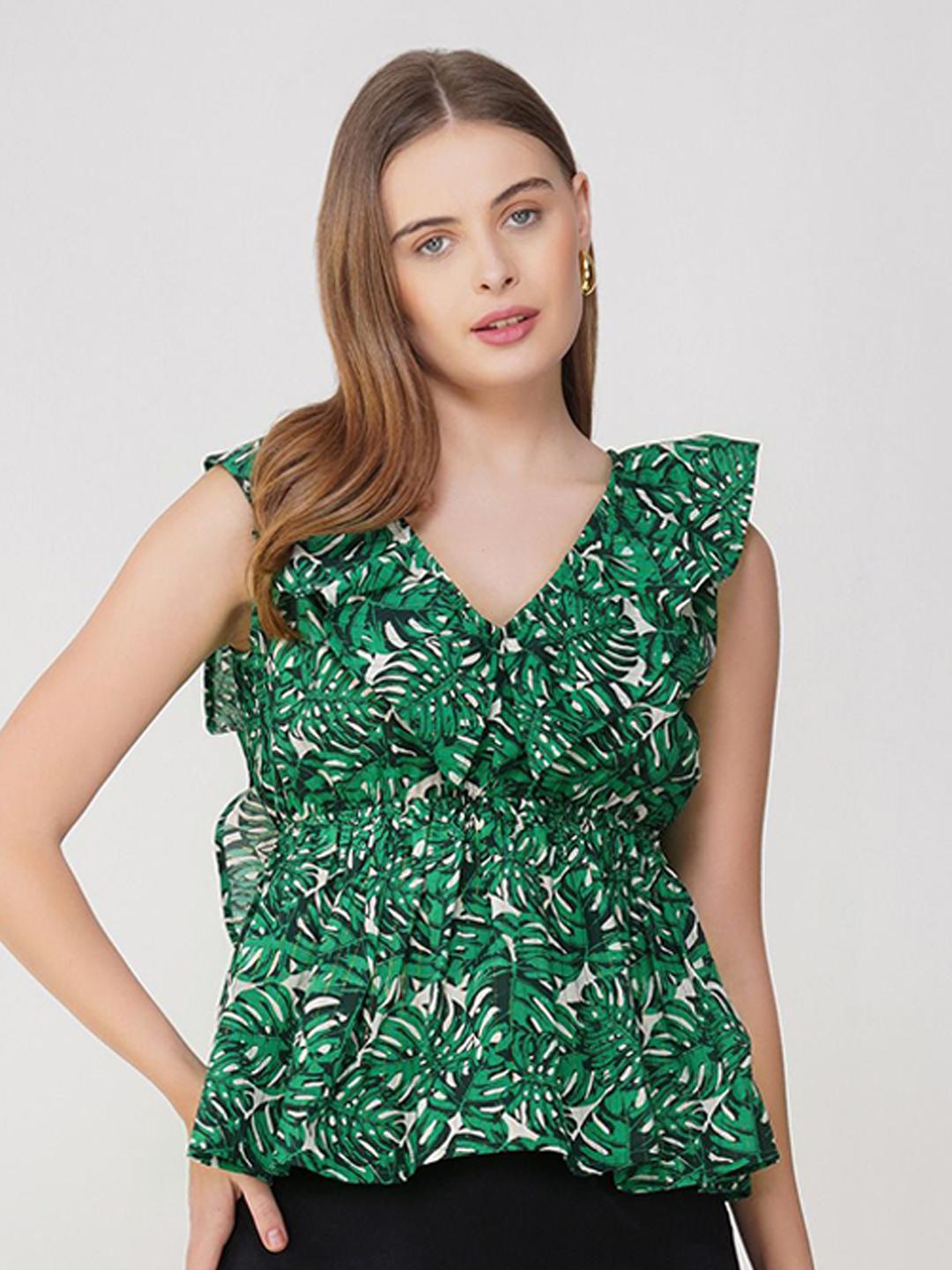 Buy Avor Lifestyle Women Tropical Printed Flutter Sleeves Cotton Peplum ...