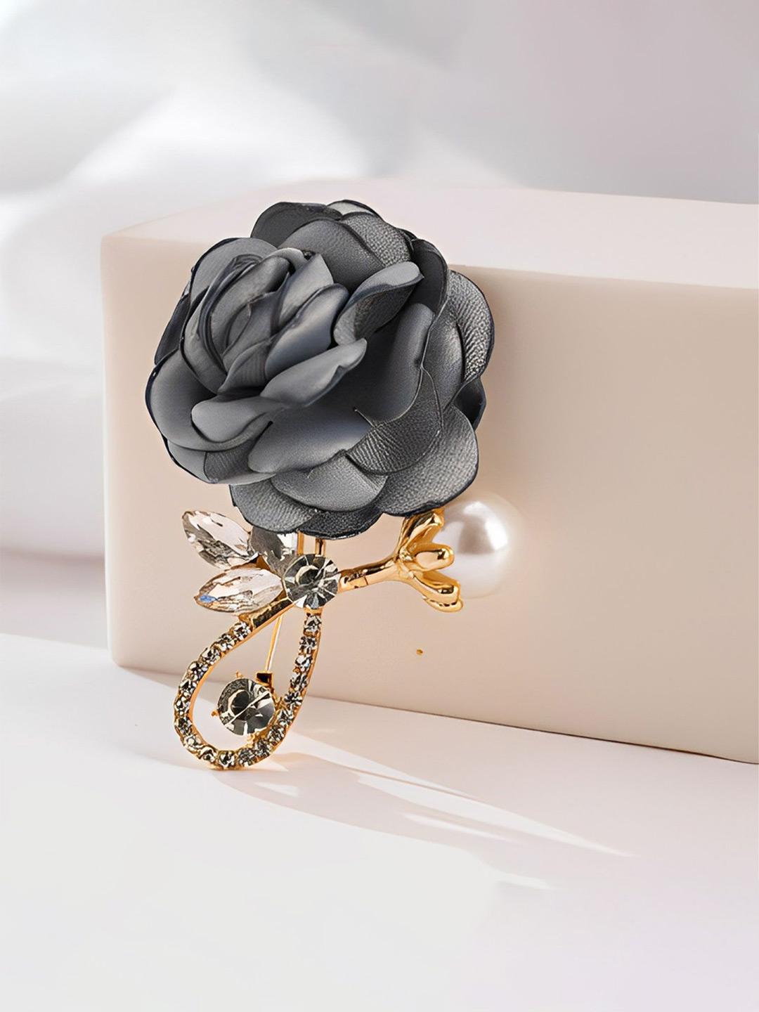 Buy SYGA Stone Studded & Pearls Beaded Retro Rose Flower Brooch ...