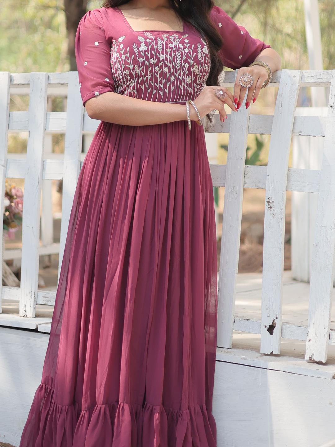 Buy KALINI Floral Embroidered Square Neck Anarkali Dress - Dresses for ...