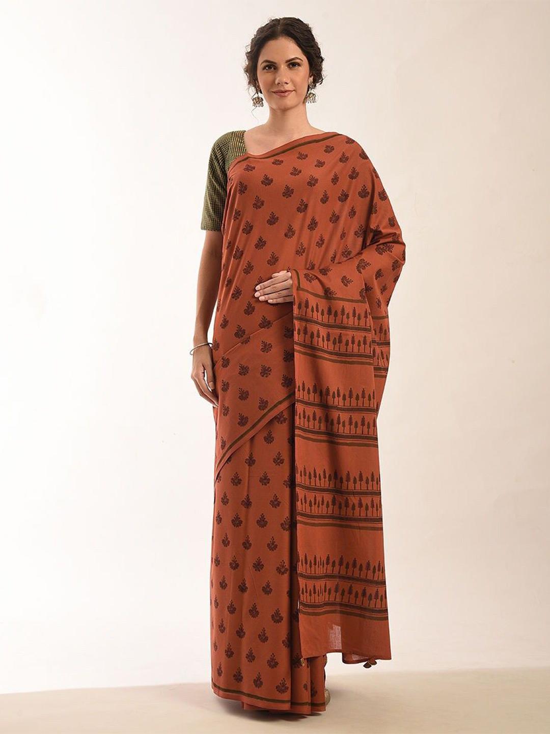 Buy JAYPORE Floral Pure Cotton Block Print Saree - Sarees for Women ...