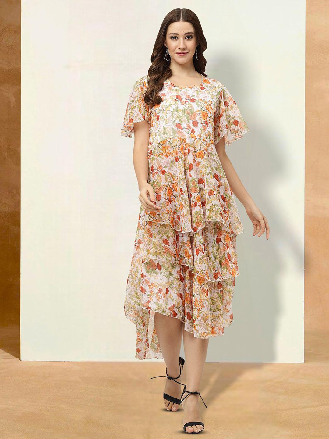 Buy BAESD Floral Print Flared Sleeve Layered Fit & Flare Midi Dress ...