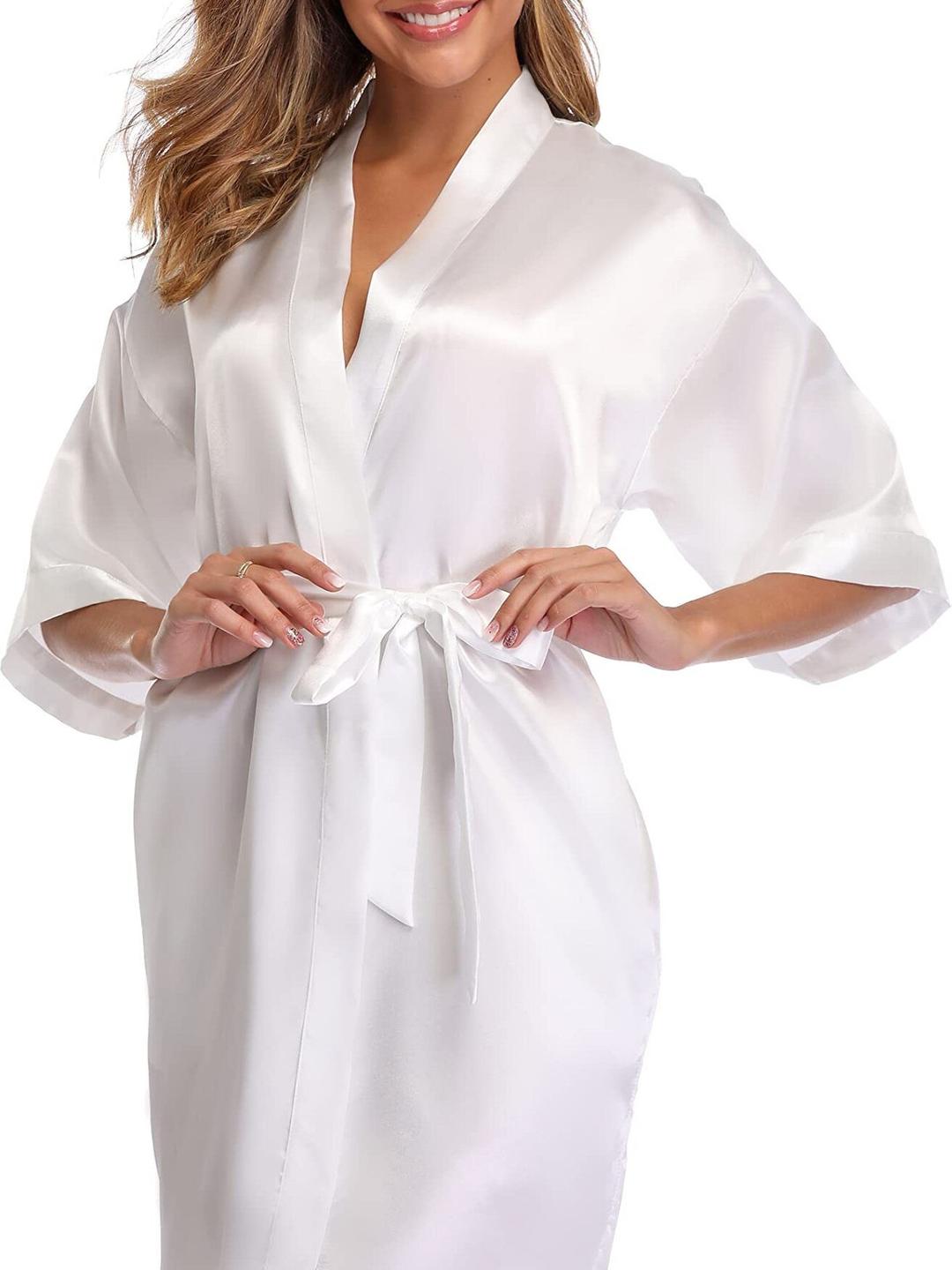 Buy SSoShHub Kimono White Solid Satin Drawstring Mini Bath Robe - Bath ...
