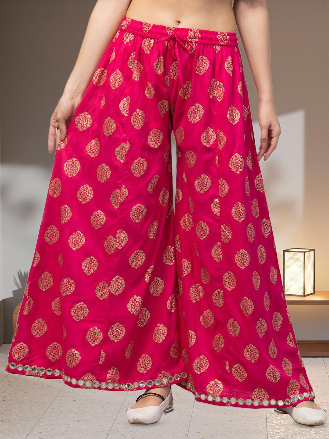 Buy FAMBEE Women Ethnic Motifs Printed Flared Knitted Palazzos ...